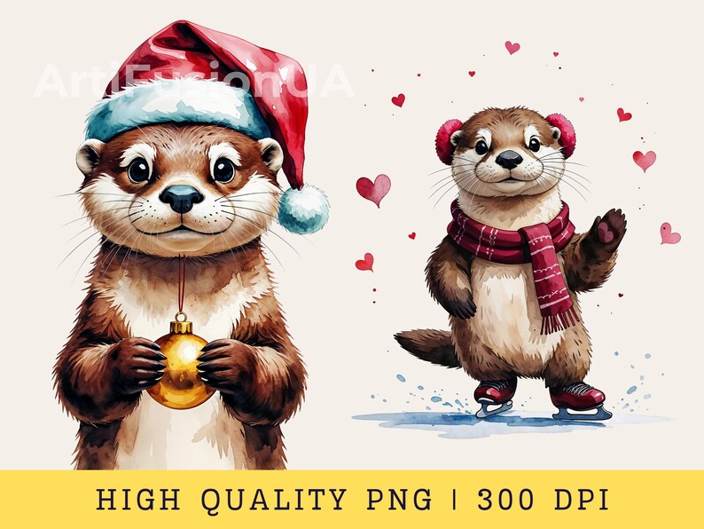 Christmas Otter Clipart: Watercolor Holiday Animals (digital Download ...