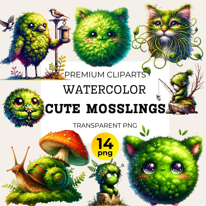 Watercolor Mossling Clipart, Cute Fluffy Fairy Moss PNG for Crafting ...
