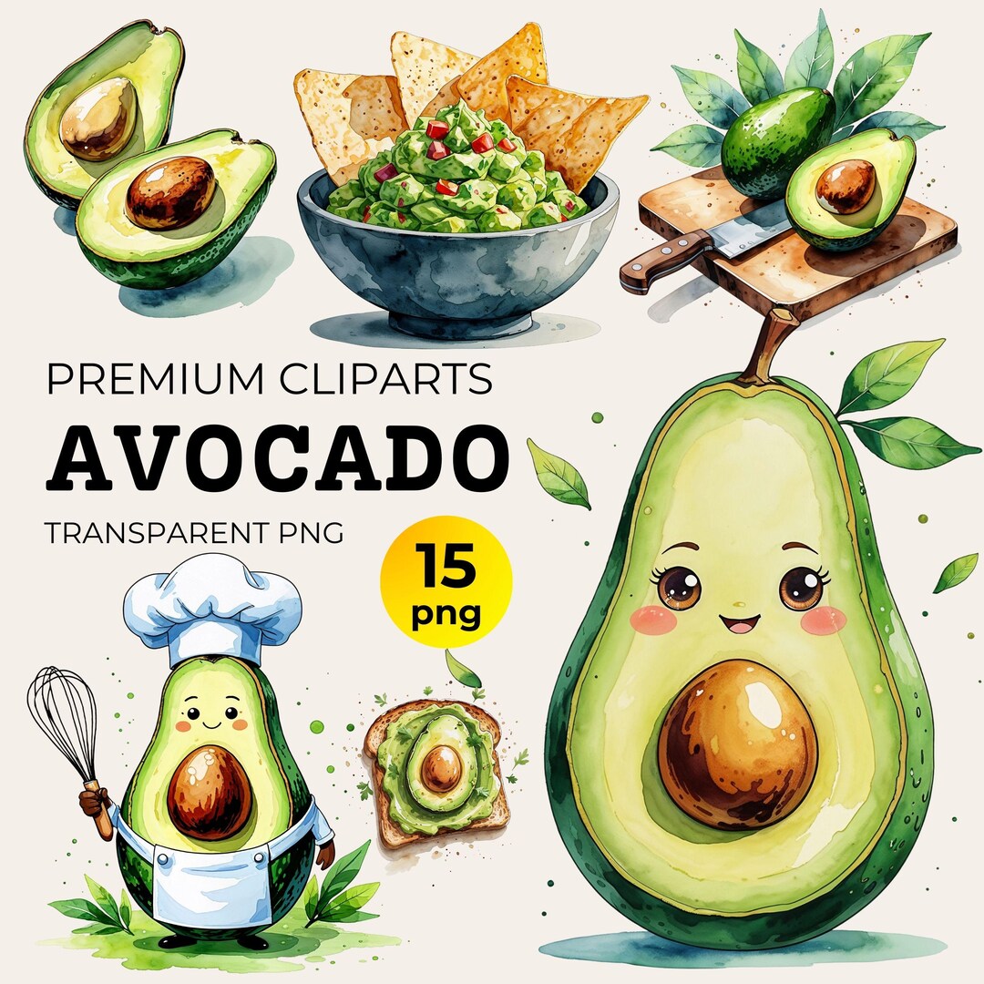 Avocado Clipart Bundle, Watercolor Cute Food PNG for Vegan Crafts ...