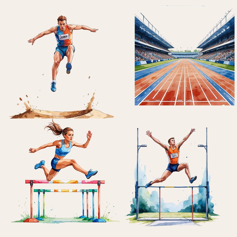 Watercolor Track & Field Clipart Set: Sprint, High Jump PNG (digital ...
