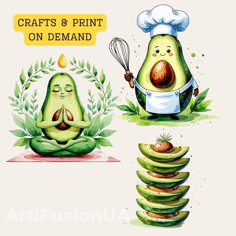 Avocado Clipart Bundle, Watercolor Cute Food PNG for Vegan Crafts ...