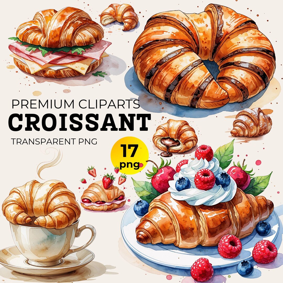 Watercolor Croissant Clipart Bundle, French Bakery Art PNG for ...