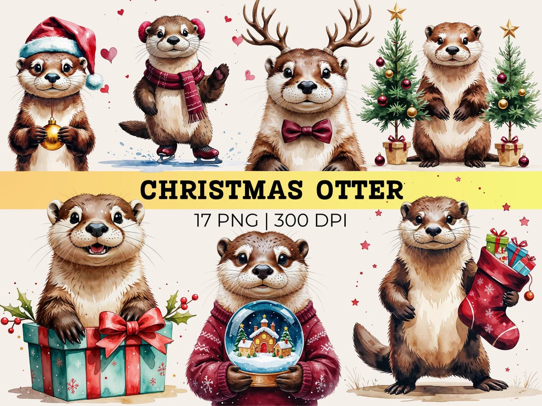 Christmas Otter Clipart: Watercolor Holiday Animals (digital Download ...