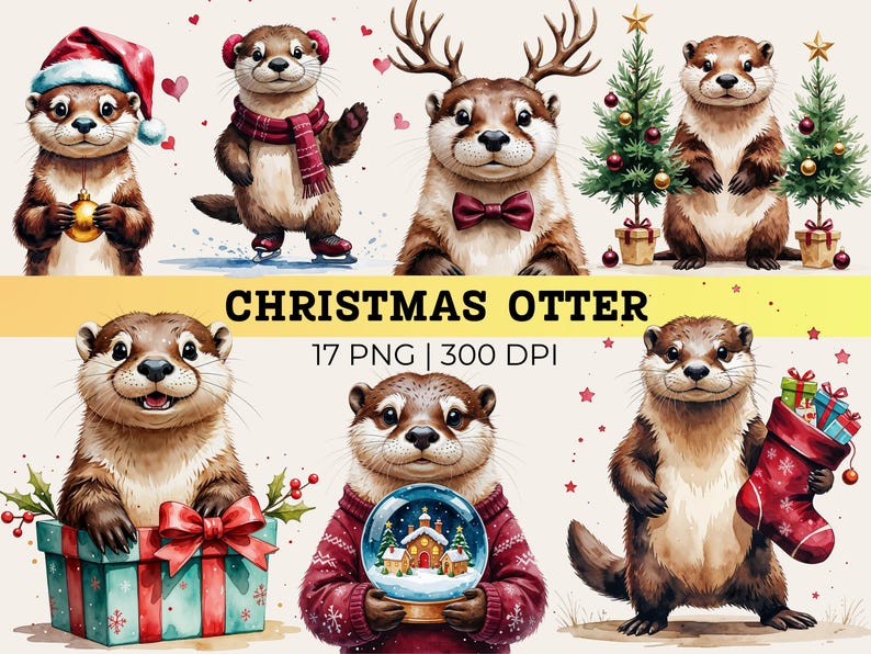 Christmas Otter Clipart: Watercolor Holiday Animals (digital Download ...