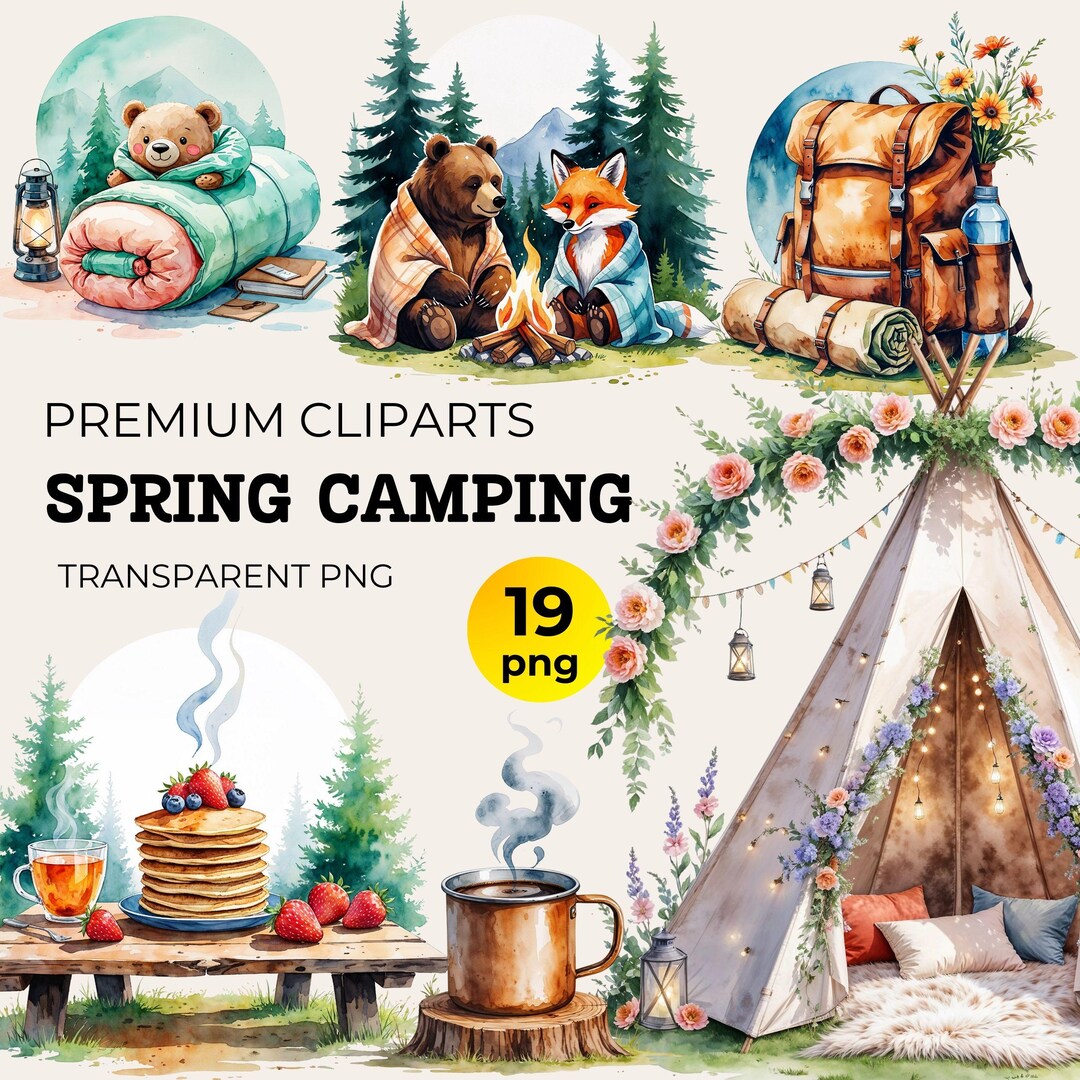 Watercolor Spring Camping Clipart Bundle: Forest Animals, Tents (PNG ...