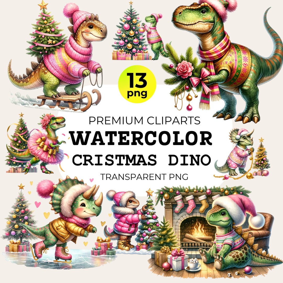 13 Watercolor Christmas Dinosaur Clipart, Christmas Dino Clipart ...