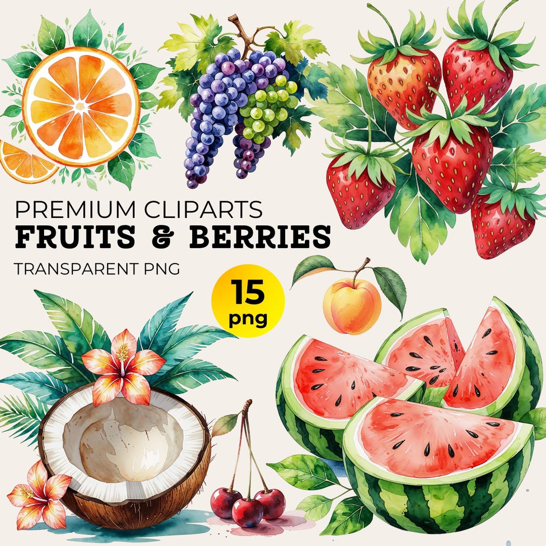 Summer Fruit and Berry Clipart Bundle, Watercolor Summer Lemon ...
