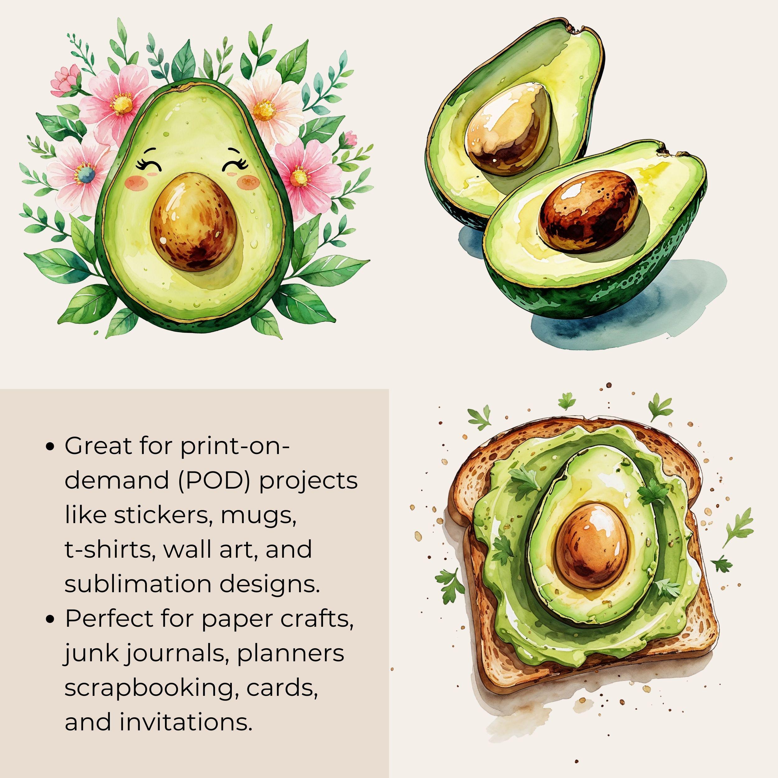 Avocado Clipart Bundle, Watercolor Cute Food PNG for Vegan Crafts ...