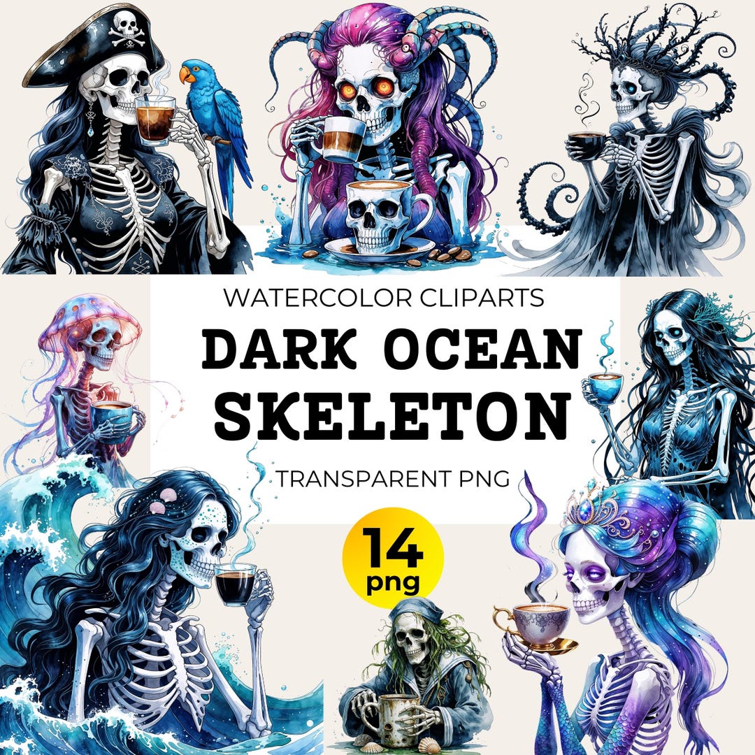Watercolor Dark Ocean Skeleton Clipart for Sublimation Craft Scrapbook ...