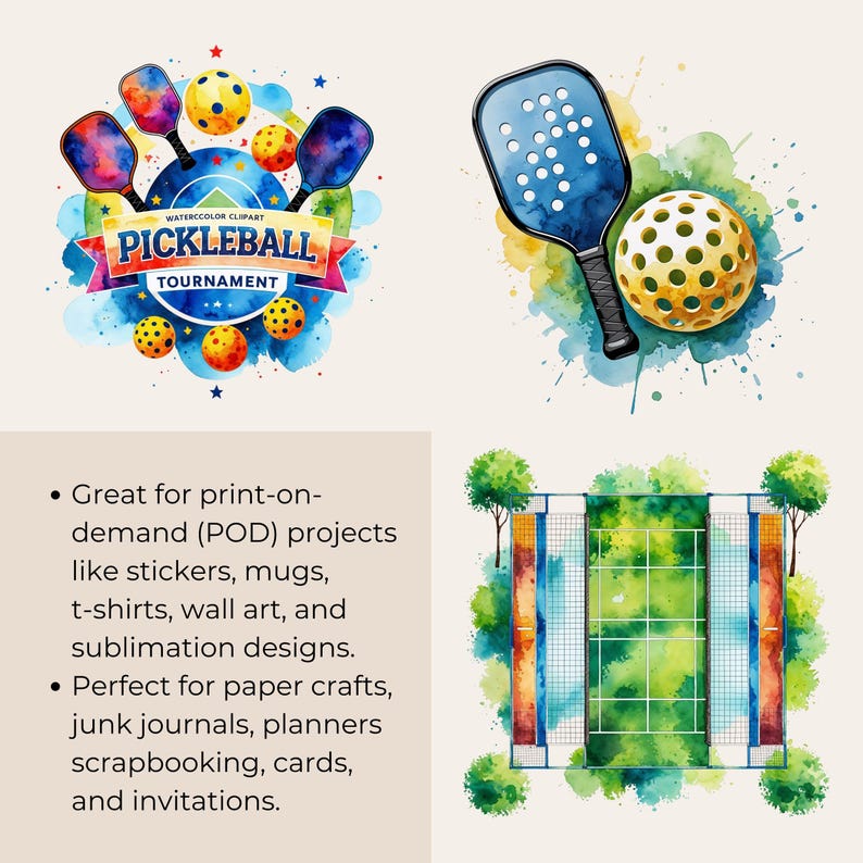 Watercolor Pickleball Clipart: Sports Art PNG Designs (digital Download ...