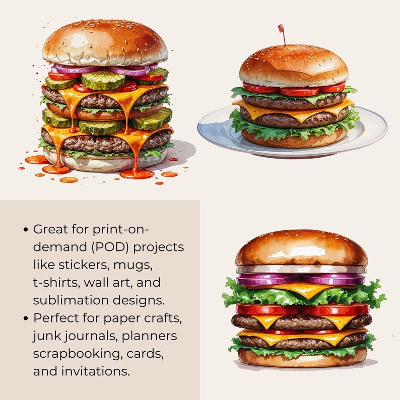 Burger Clipart Bundle, Watercolor Food Art PNG for Junk Food Crafts ...