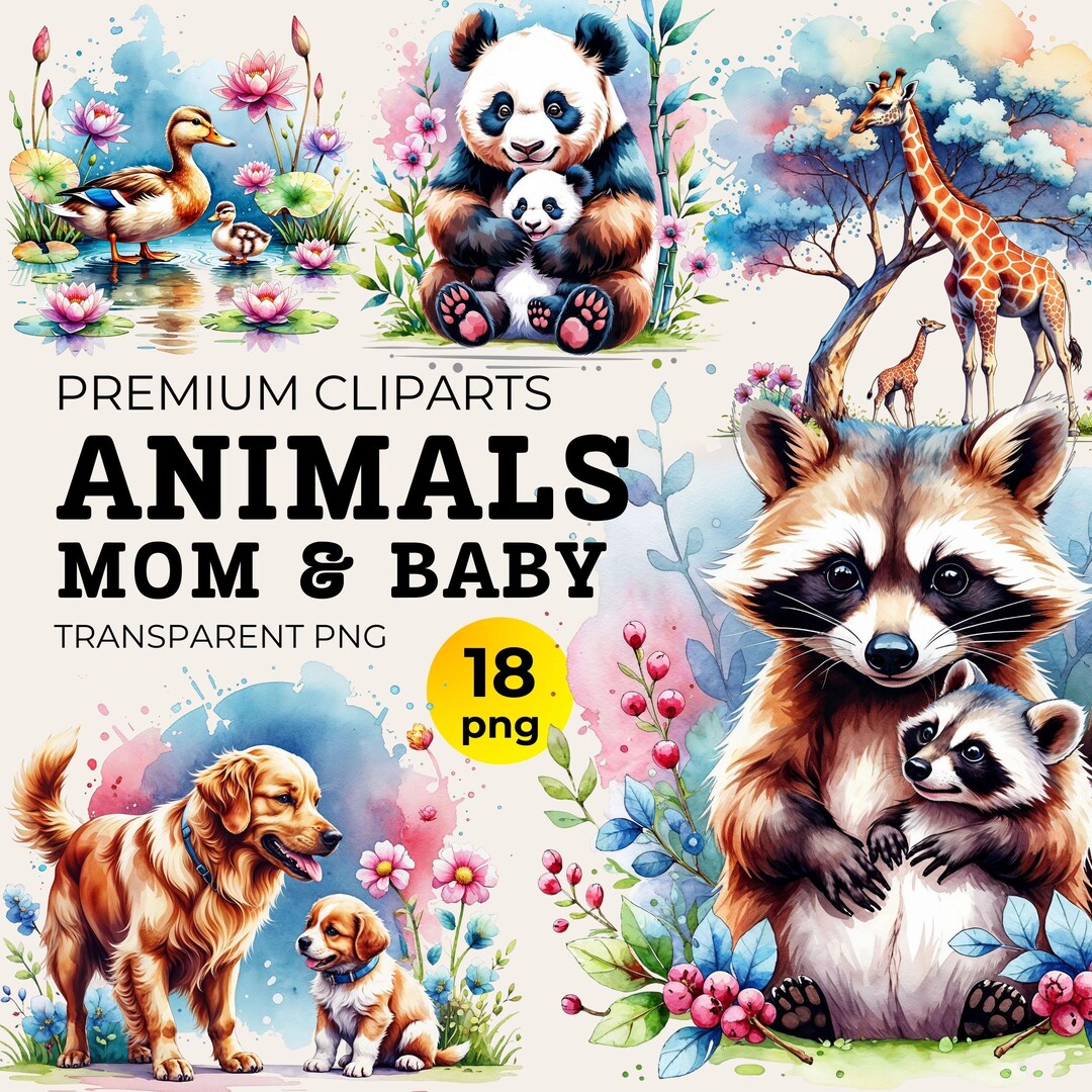 Mom and Baby Animals Clipart: Floral PNG Bundle (digital Download) - Etsy