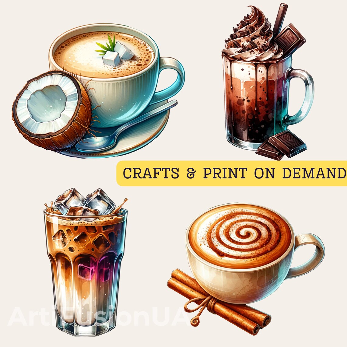 Watercolor Coffee Clipart Set: Cappuccino, Iced Coffee (13 PNG) - Etsy