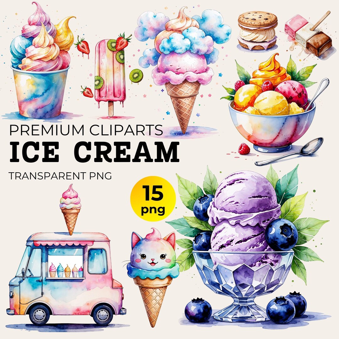 Watercolor Ice Cream Clipart Bundle: Dessert PNG (digital Download) - Etsy