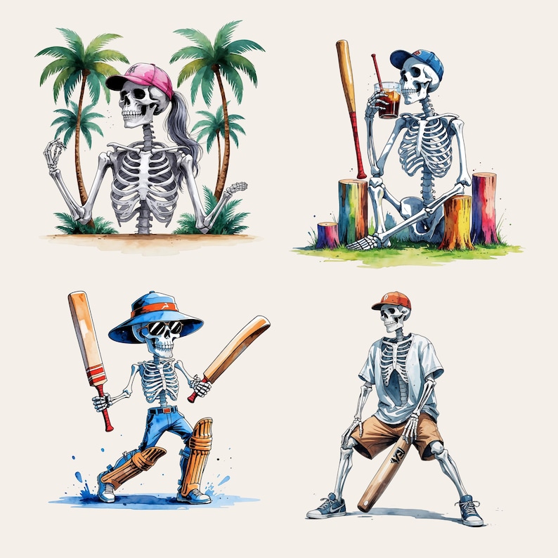 Skeleton Cricket Clipart Set: Watercolor Sport PNG (digital Download ...