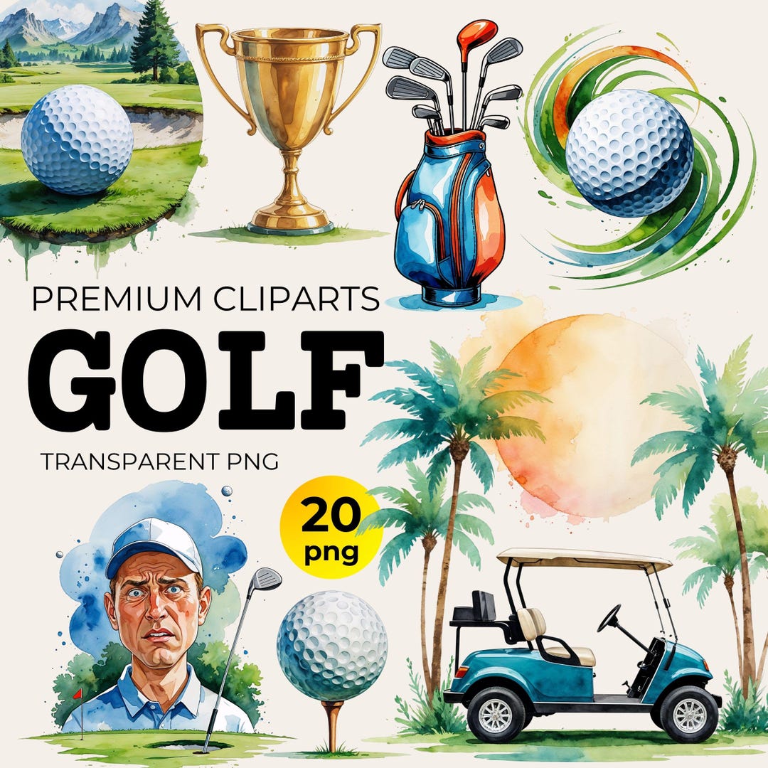Watercolor Golf Clipart: Golfer, Cart, Trophy PNG (digital Download ...