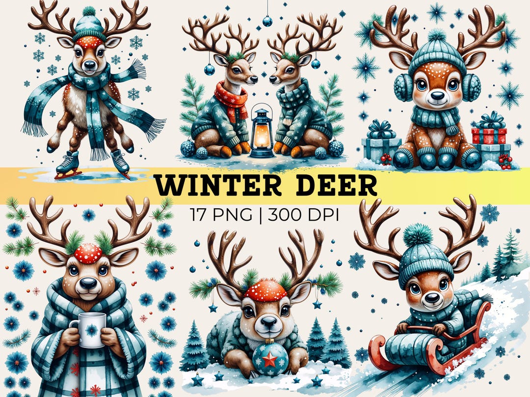 Winter Deer Clipart Blue Christmas PNG, Woodland Reindeer, Cozy Winter ...