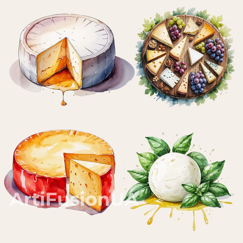 Cheese Clipart Bundle, Watercolor Cheese PNG for Cottagecore DIY Crafts ...