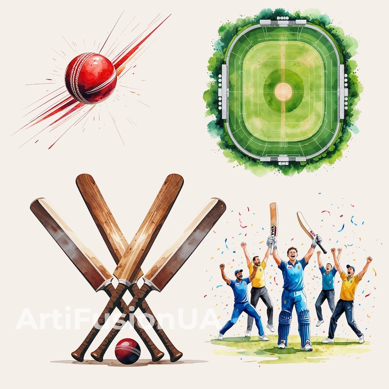 Watercolor Cricket Clipart Set: Sport Lover PNG Graphics (digital ...