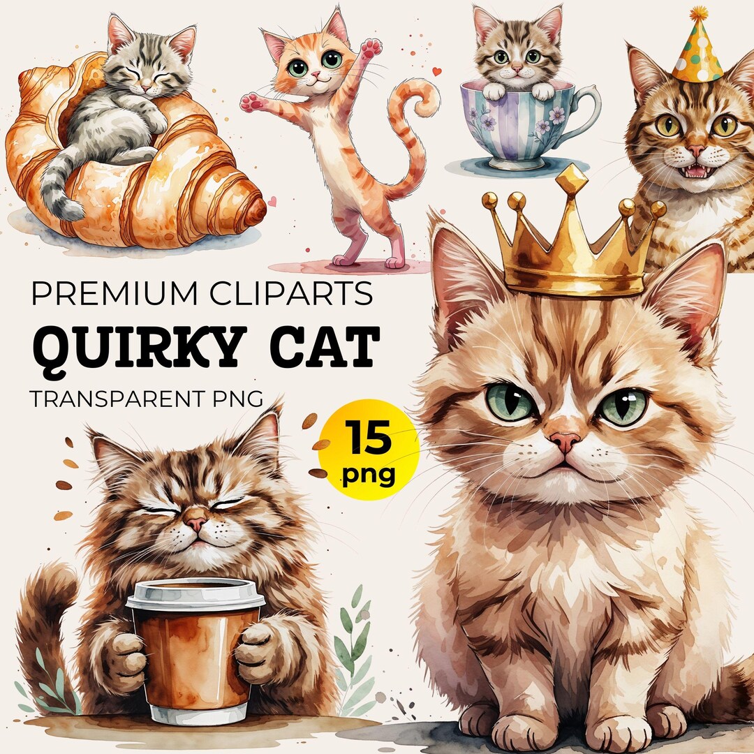 Quirky Cat Clipart PNG Whimsical Kitten Sublimation Clip Art Cute ...