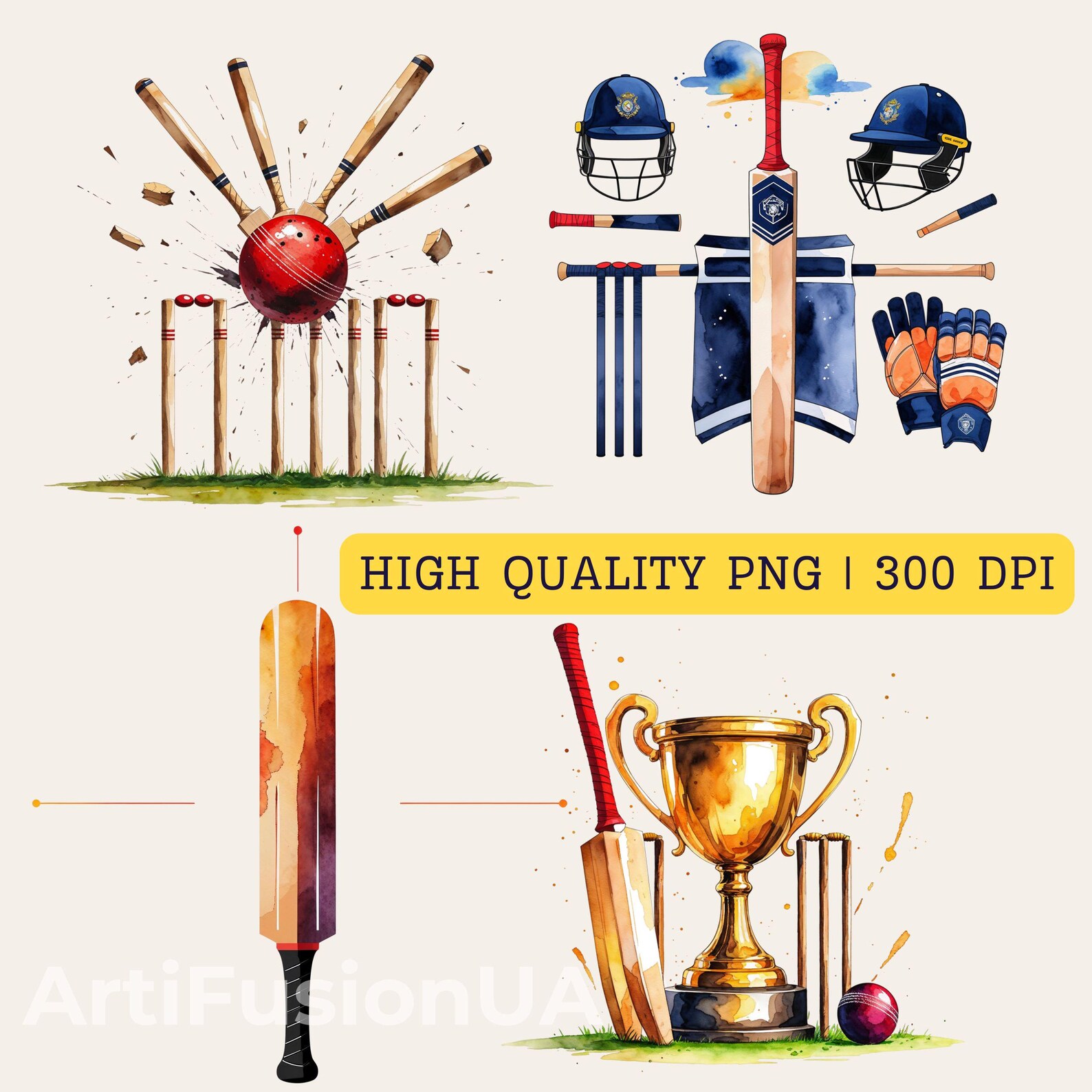 Watercolor Cricket Clipart Set: Sport Lover PNG Graphics (digital ...