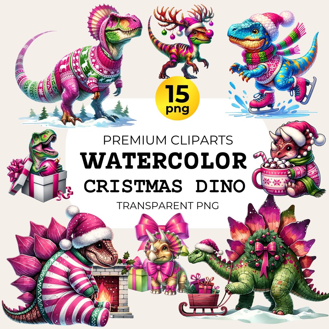 15 Watercolor Christmas Dinosaur Clipart, Christmas Dino Clipart ...