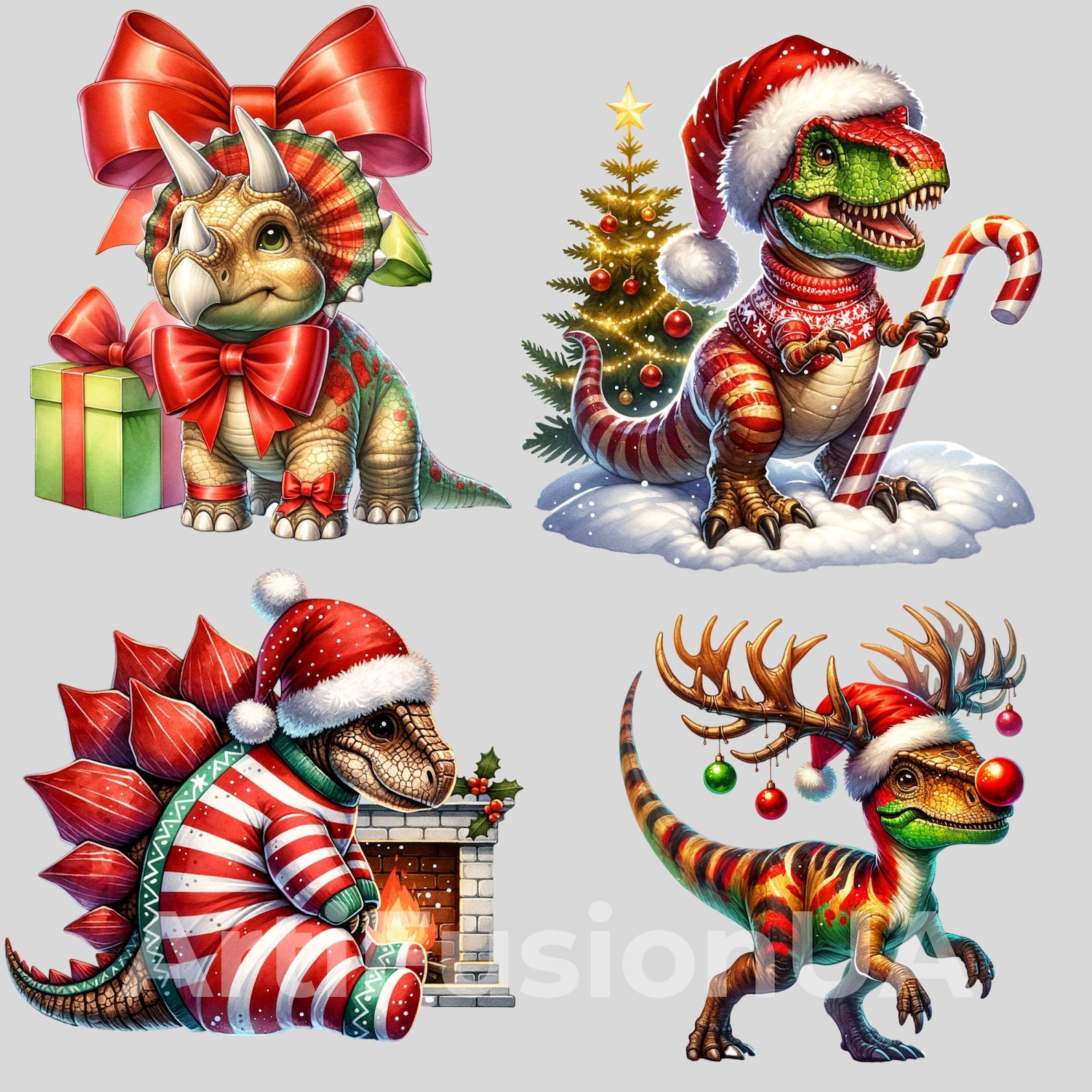 15 Watercolor Christmas Dinosaur Clipart, Christmas Dino Clipart ...
