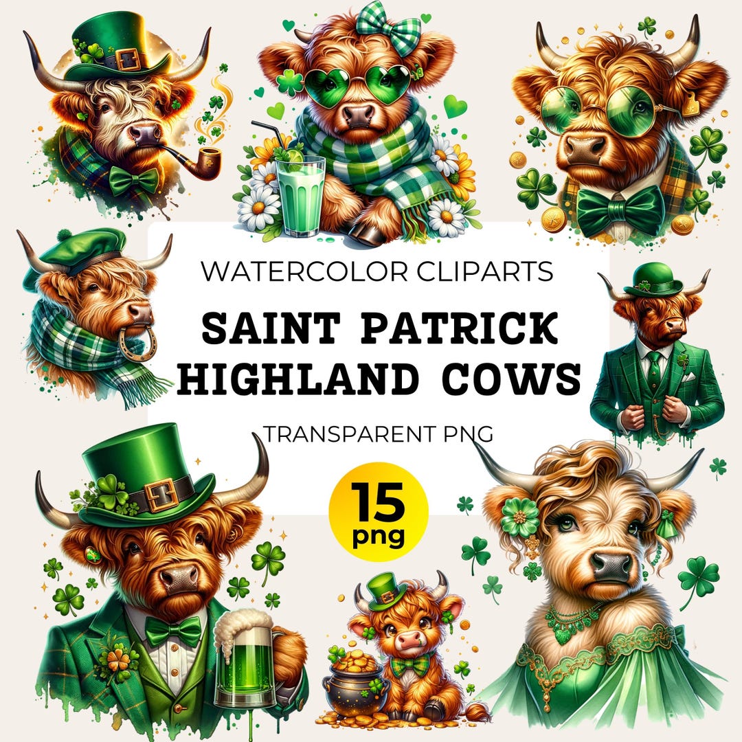 St Patrick Watercolor Highland Cow Calf Clipart, St Patricks Day PNG ...