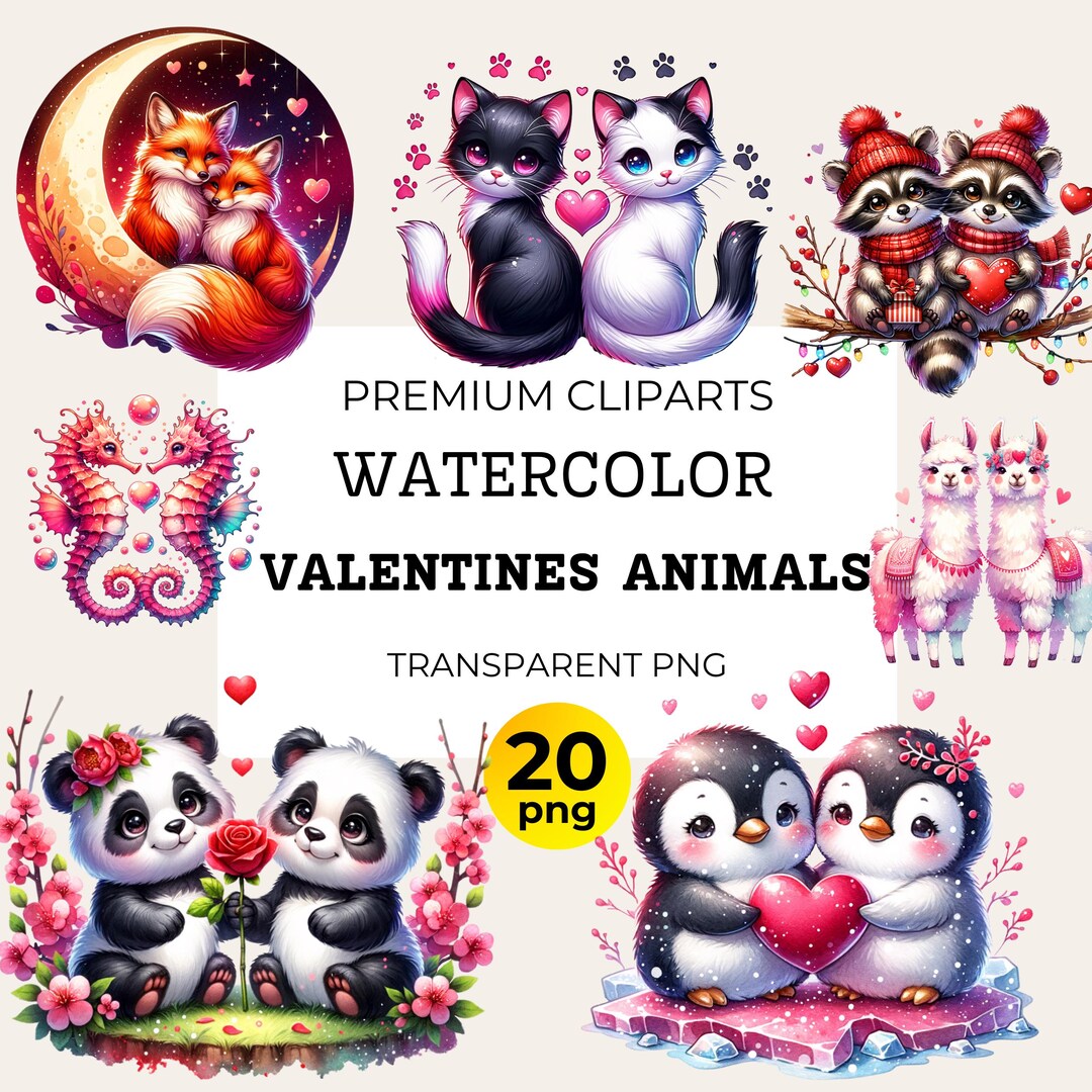 Watercolor Cute Animal Couple Clipart, Valentines Day Clipart,romantic ...