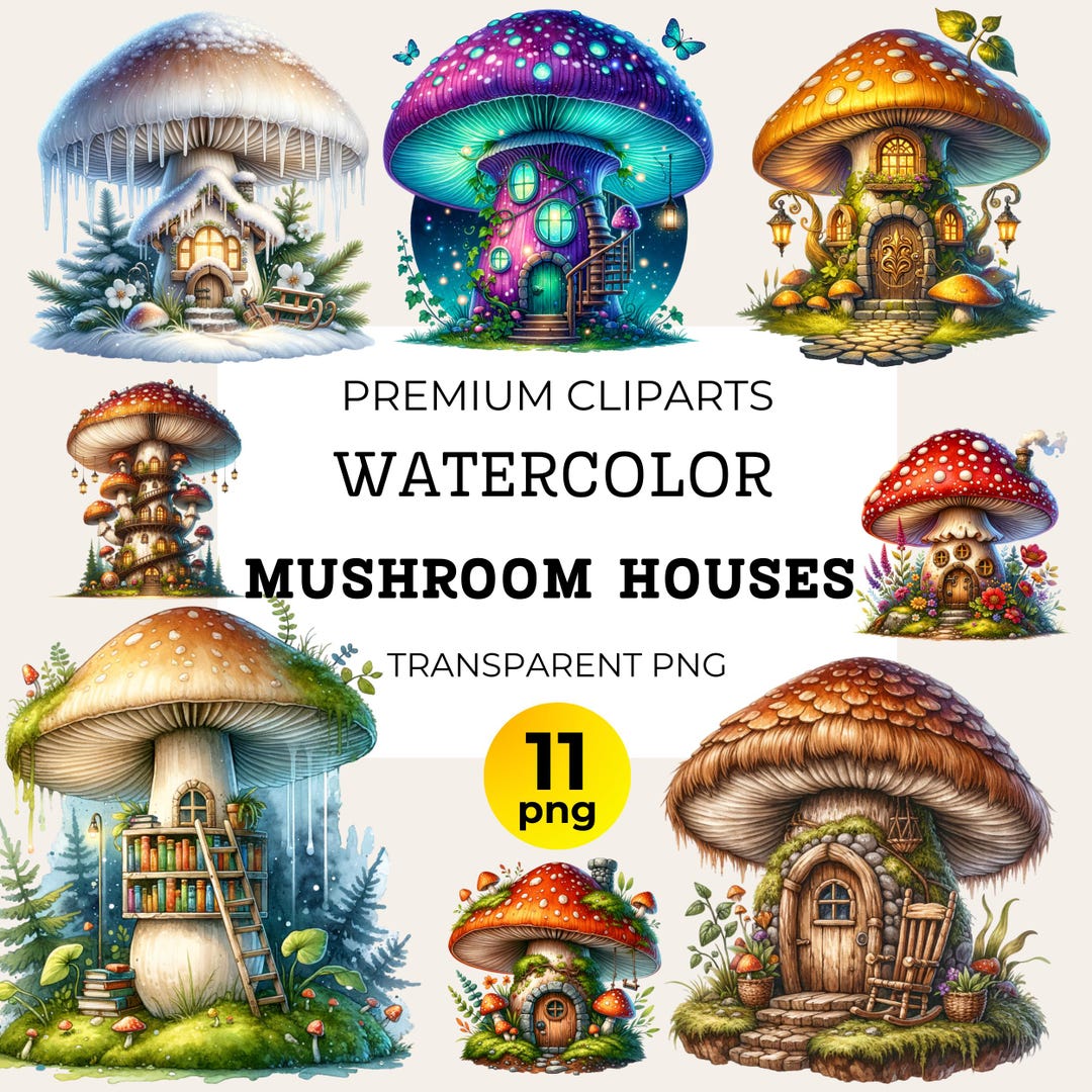 Mushroom Fairy House Clipart: Watercolor PNG Bundle for Junk Journals ...
