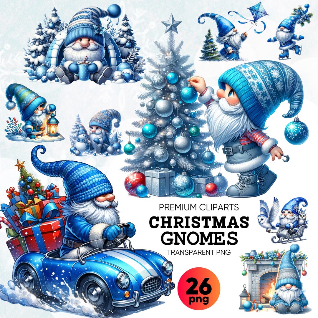 26 Watercolor Christmas Gnomes Clipart Set, Blue and White Christmas ...