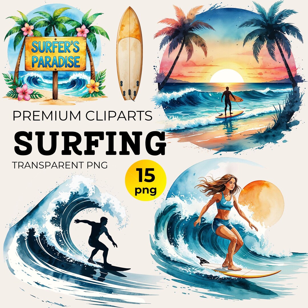 Surfing Clipart Bundle for Scrapbook & Sublimation, Watercolor ...