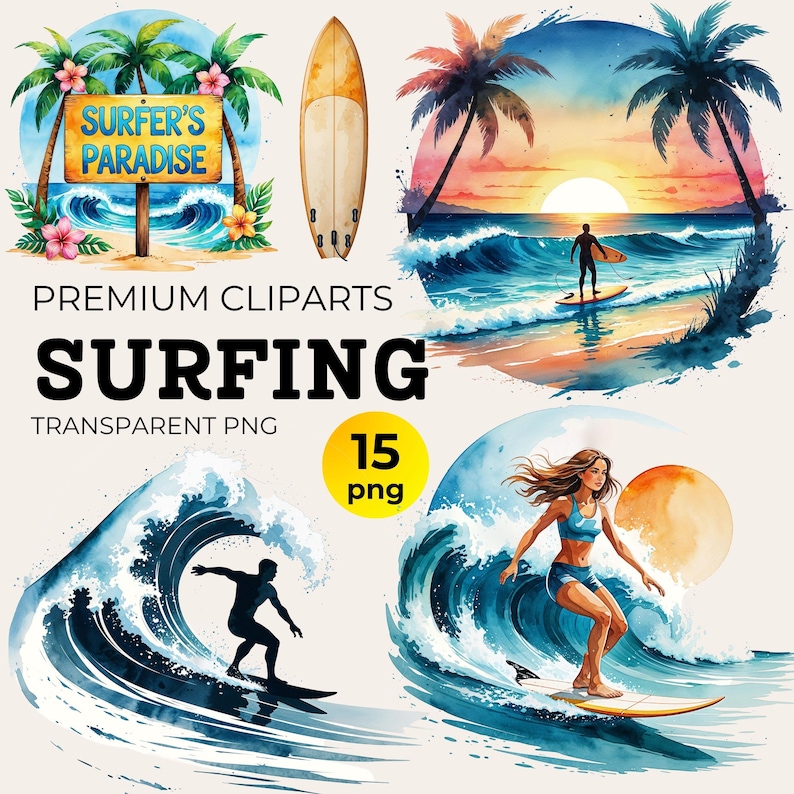 Surfing Clipart Bundle for Scrapbook & Sublimation, Watercolor ...