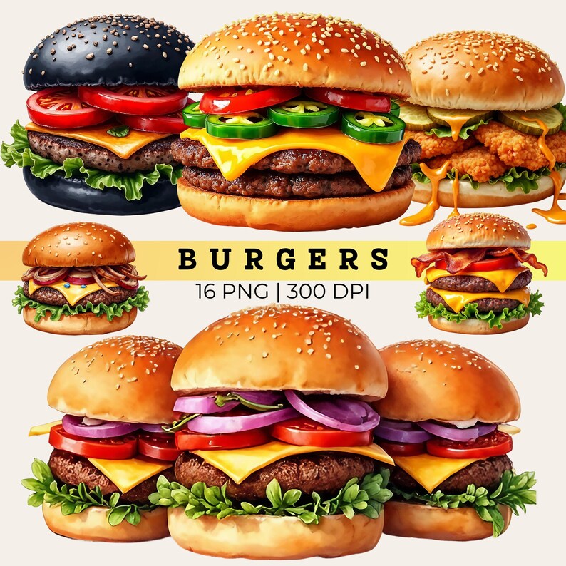 Gourmet Burger Clipart Bundle, Fast Food Illustrations, Restaurant ...