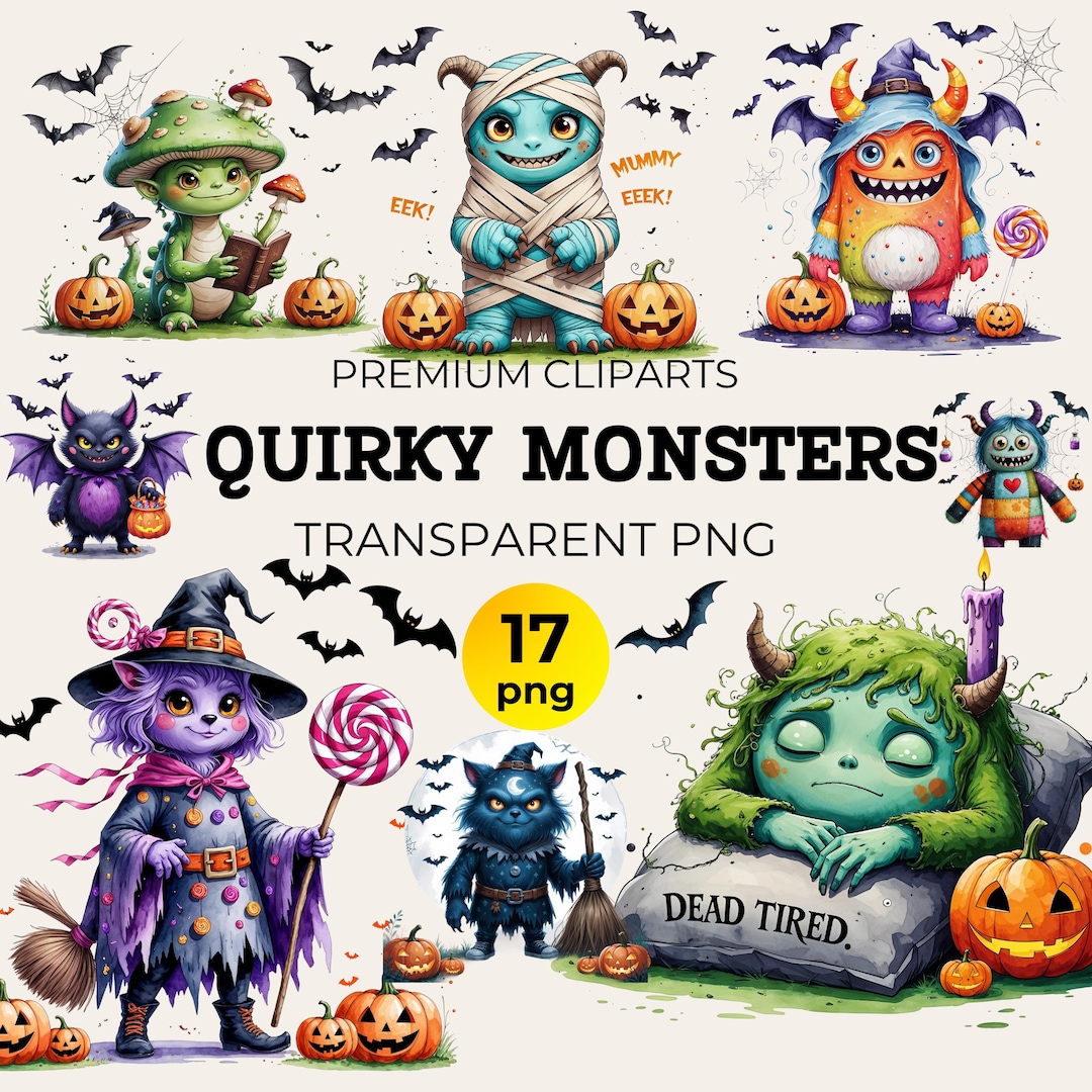Halloween Monster Clipart Pack: Spooky-cute PNG Graphics (digital ...