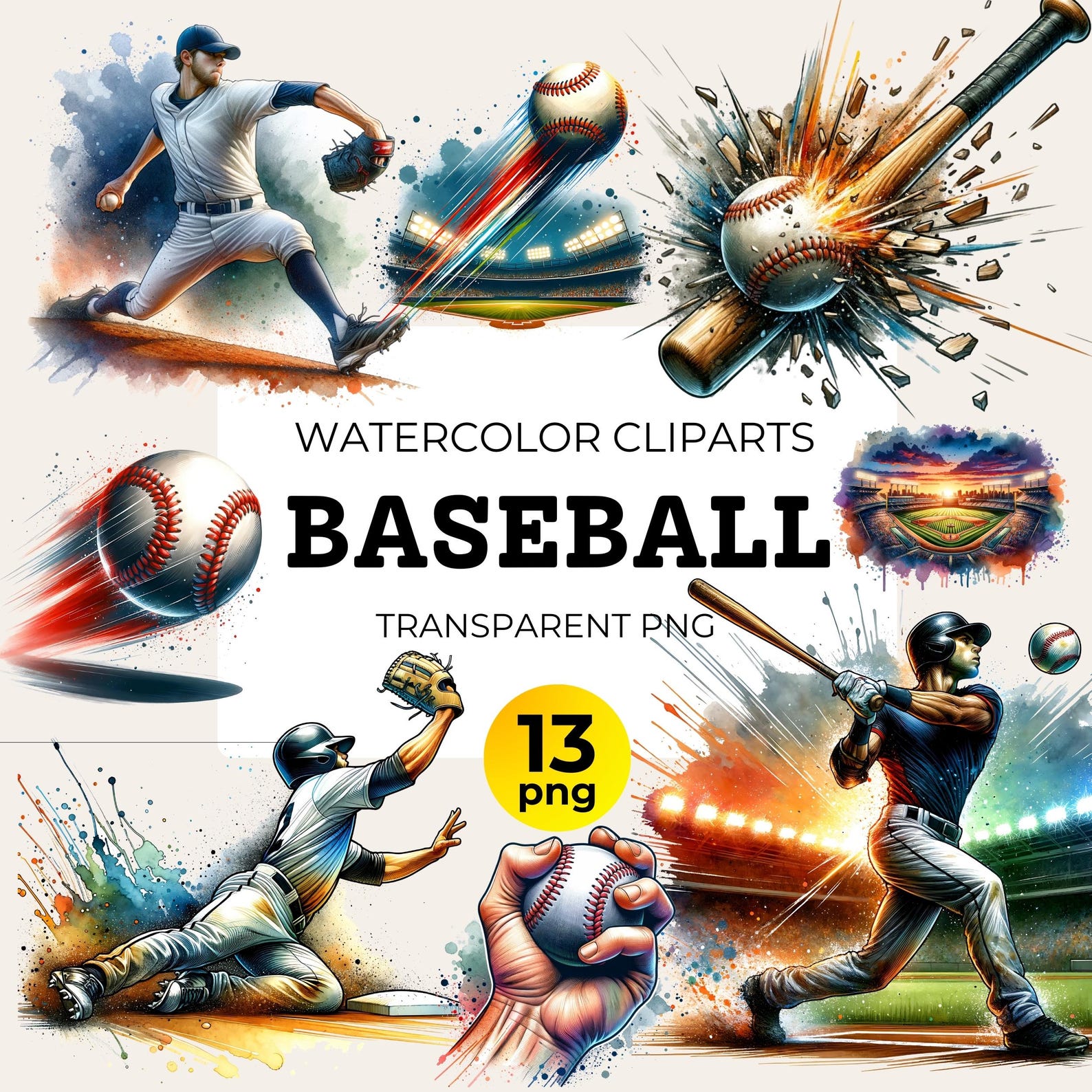 Watercolor Baseball Clipart Set: Sports Illustrations (PNG Digital ...