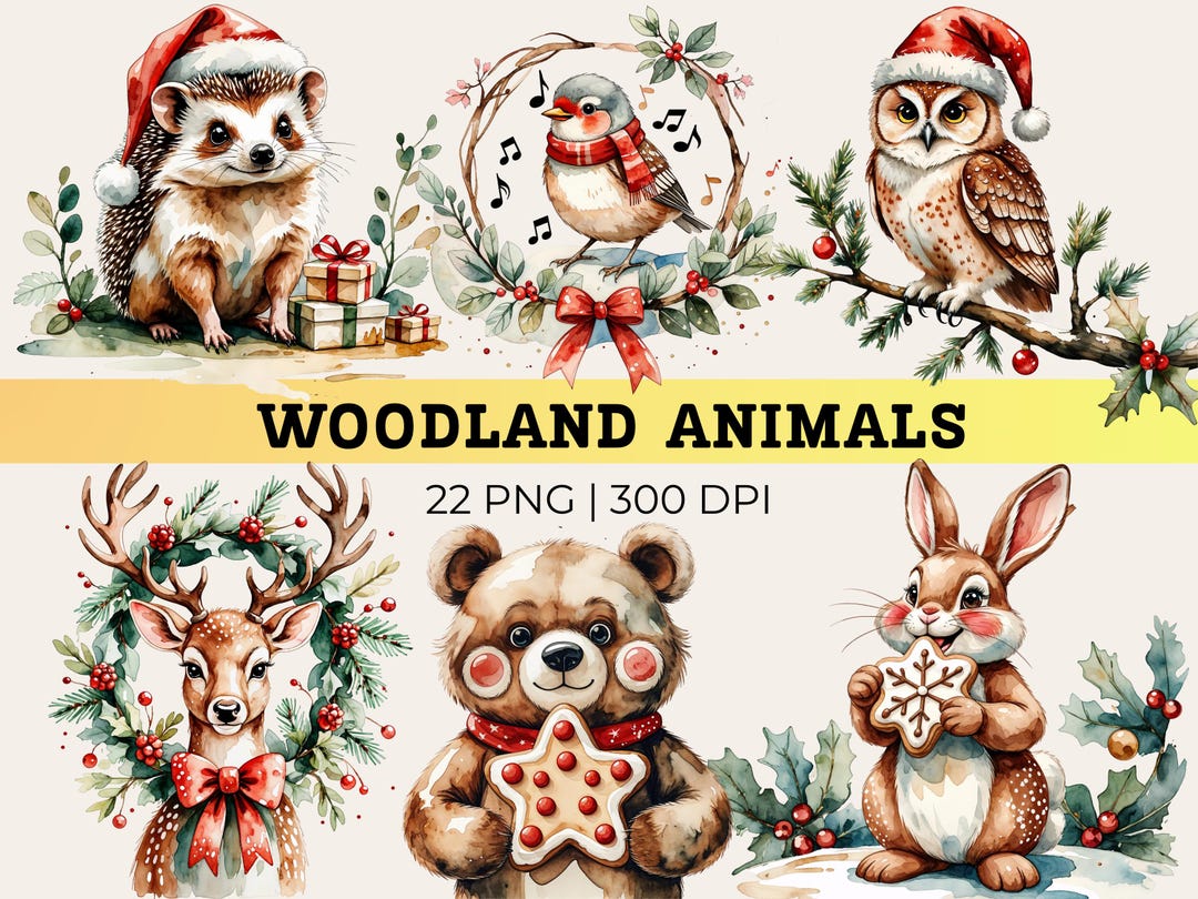 Christmas Woodland Animals Clipart | Pastel Watercolor PNG (digital ...