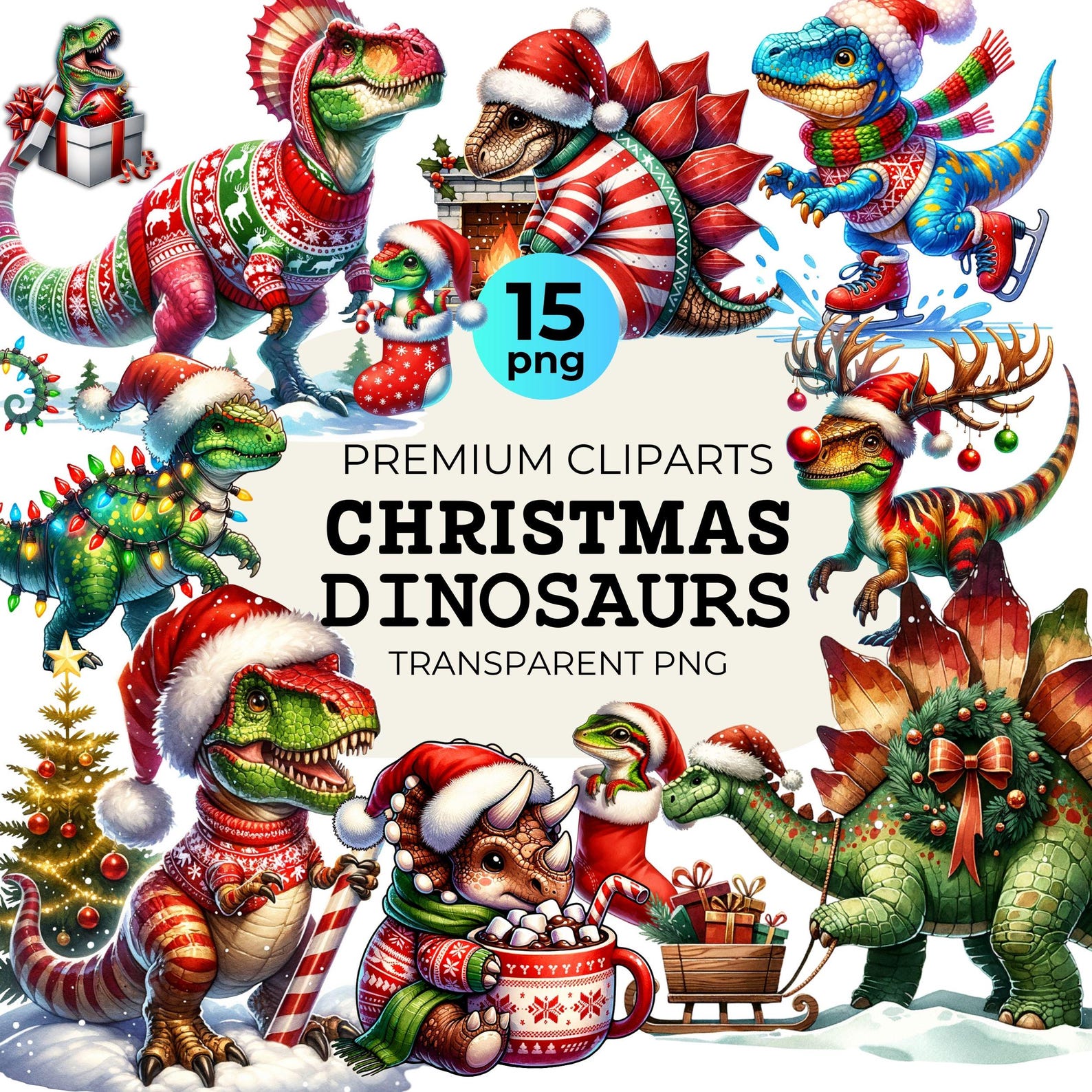 15 Watercolor Christmas Dinosaur Clipart, Christmas Dino Clipart ...