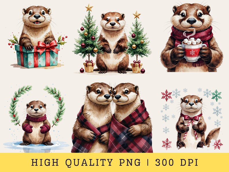 Christmas Otter Clipart: Watercolor Holiday Animals (digital Download ...