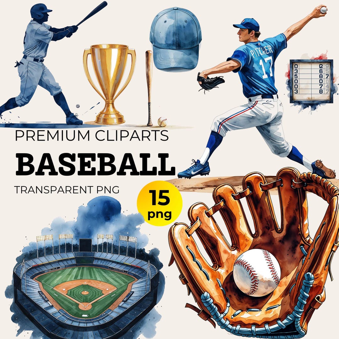 Watercolor Baseball Clipart Set: Scrapbook & Sublimate PNG (15 Files ...