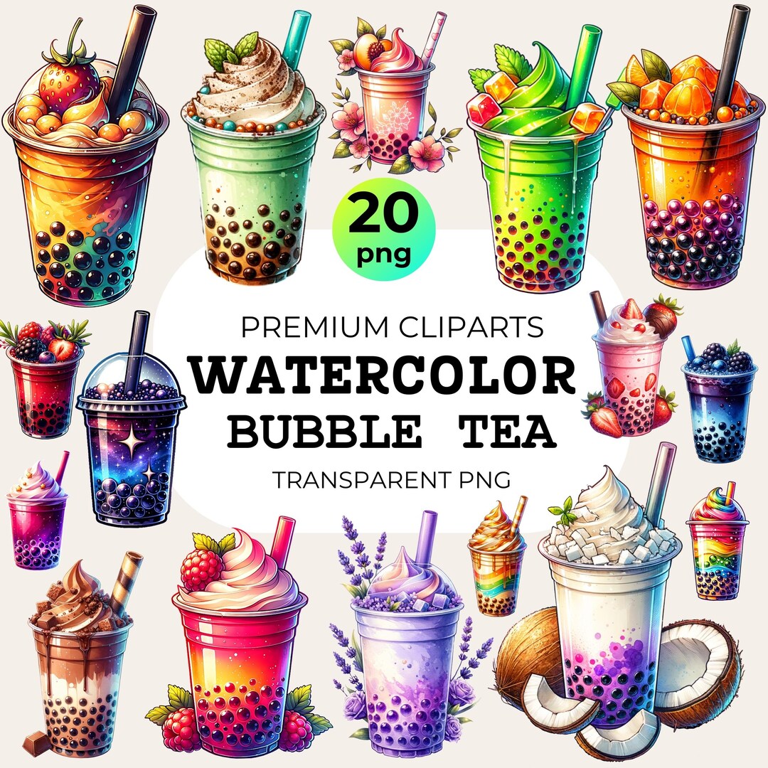 Watercolor Bubble Tea Clipart, 20 PNG Watercolor Boba Tea Clipart ...