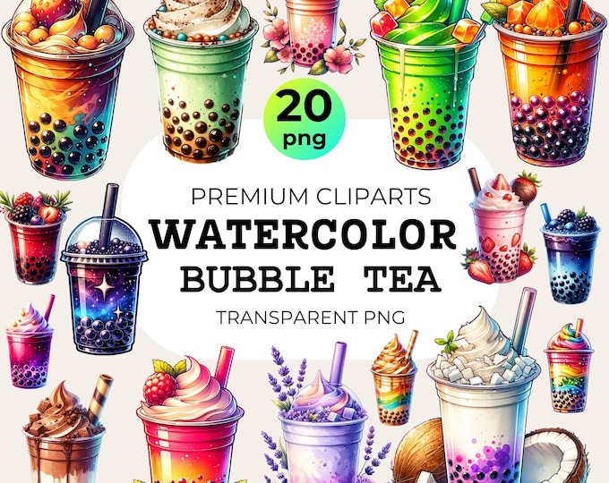 25 Aquarell Bubble Tea Clipart-Bundle, Boba Tea PNG, Bubble Milchtee ...