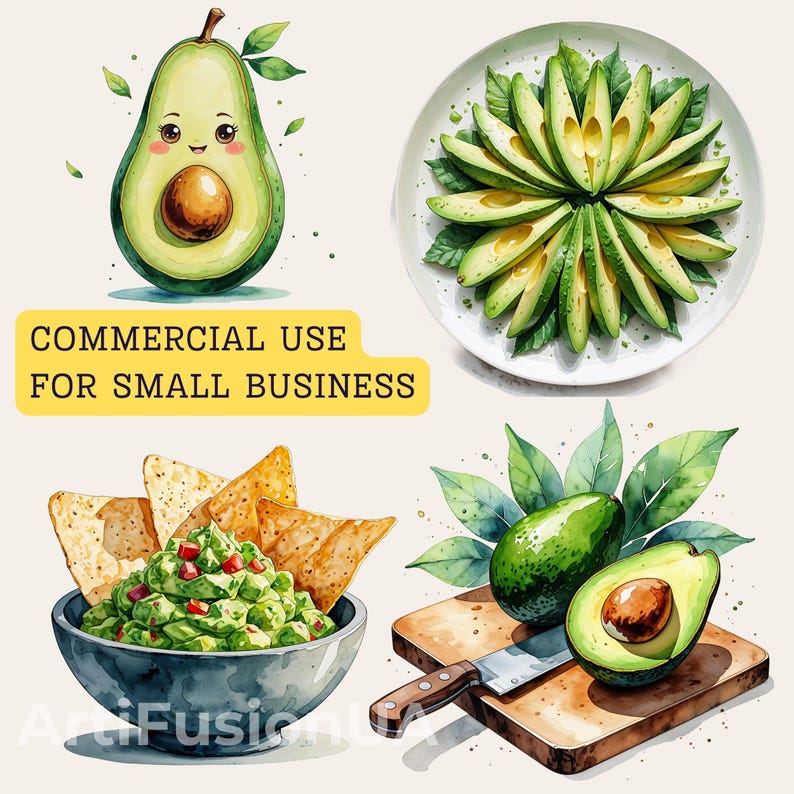 Avocado Clipart Bundle, Watercolor Cute Food PNG for Vegan Crafts ...