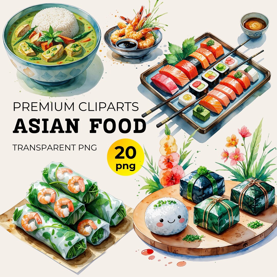 Asian Food Clipart Bundle,watercolor Sushi & Ramen Bowl Soup PNG for ...