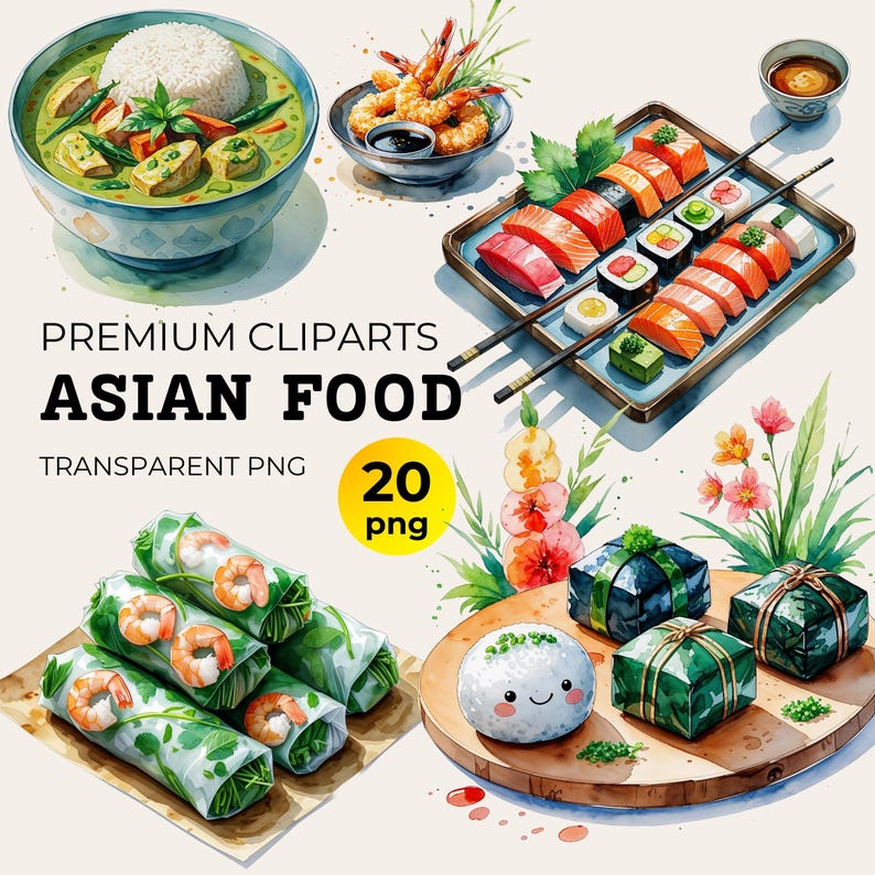 Watercolor Asian Food Clipart Bundle: Sushi, Ramen, Snacks (PNG) - Etsy