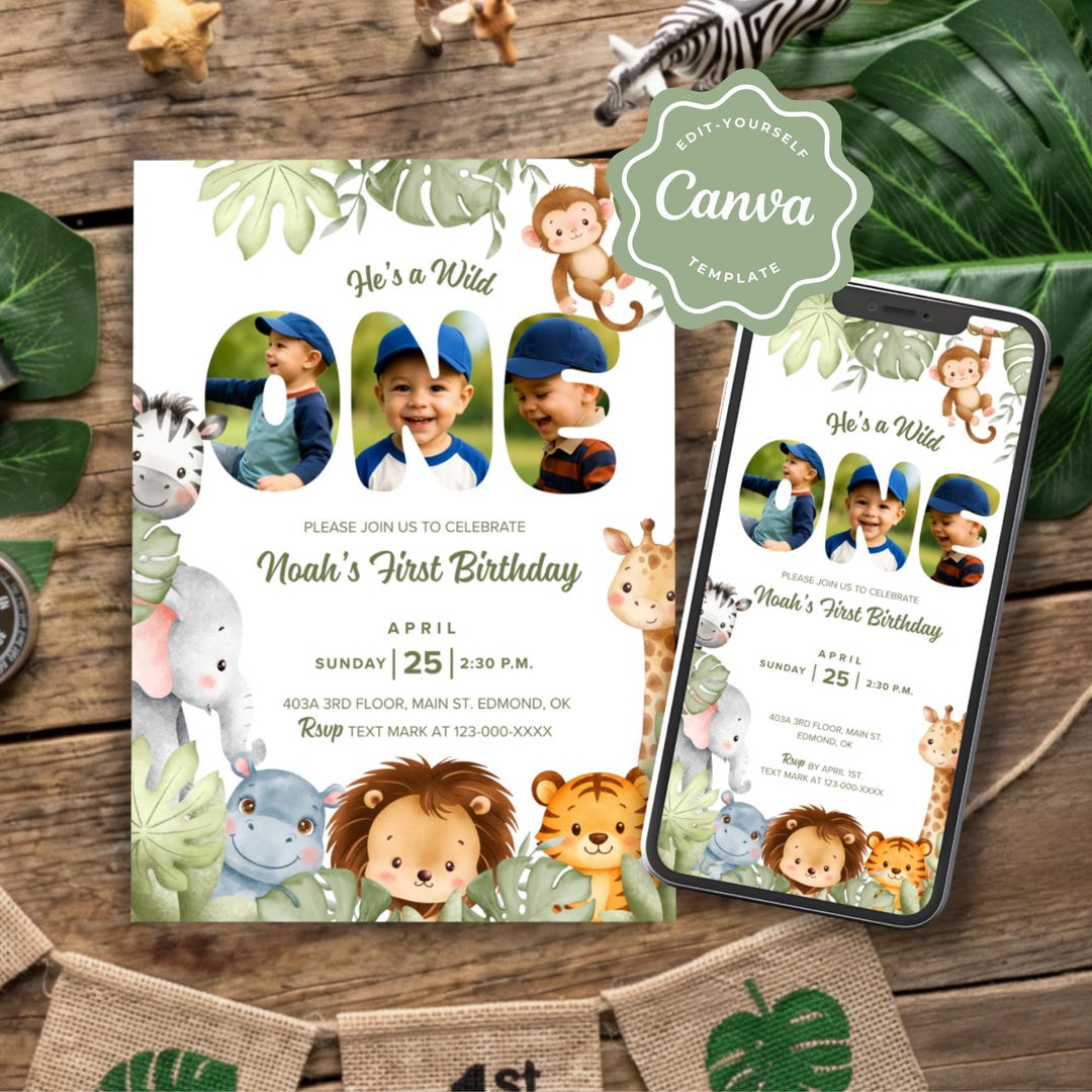 Safari Birthday Invitation - Wild One Invitation Template - 1st ...