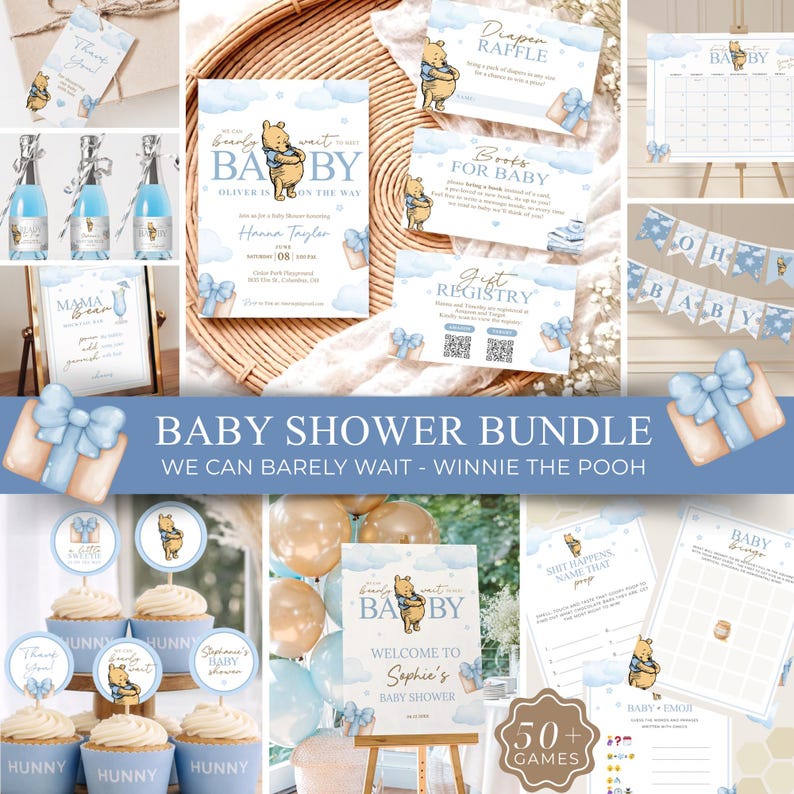 Winnie the Pooh Baby Shower Bundle, Blue Teddy Bear Theme, We Can ...