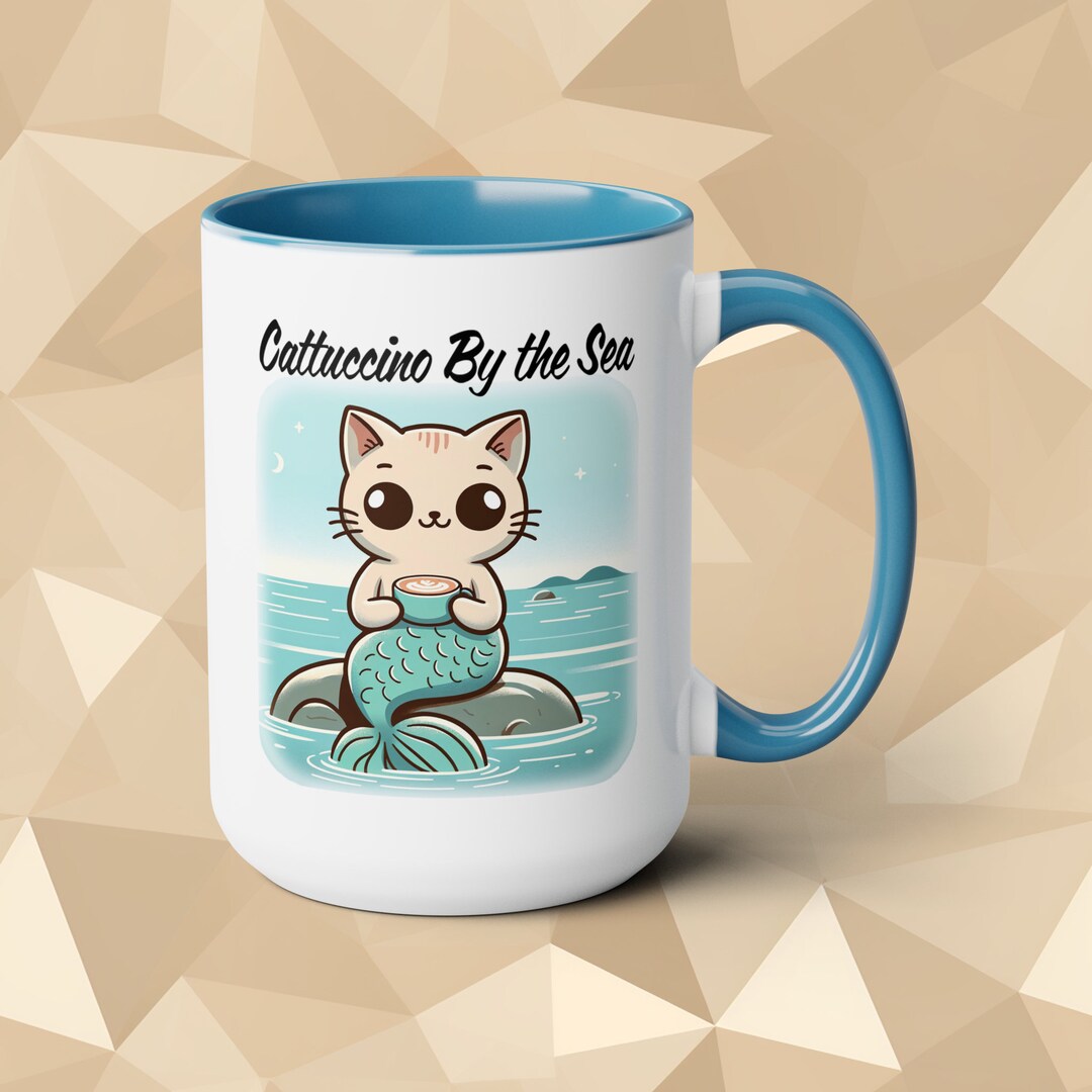 Cattuccino by the Sea Mug Kawaii Mermaid Cat & Coffee Design Cup Cute ...
