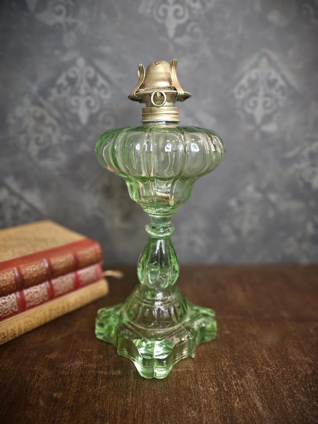 Vintage Depression Green Glass Oil Lamp With Brass - Etsy