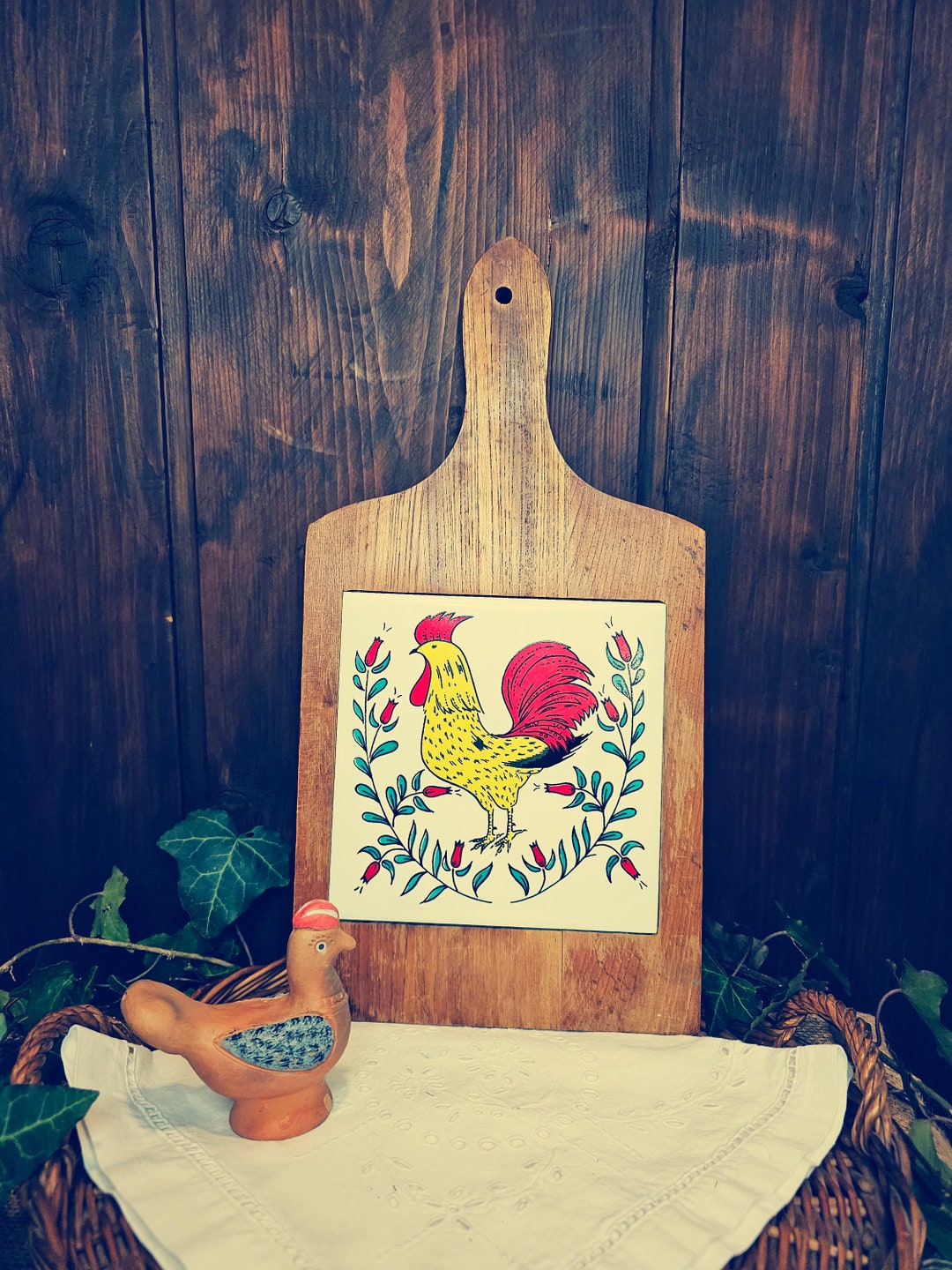 French Farmhouse Ceramic Tile Cutting Board, Folk Art, Vintage Chopping ...